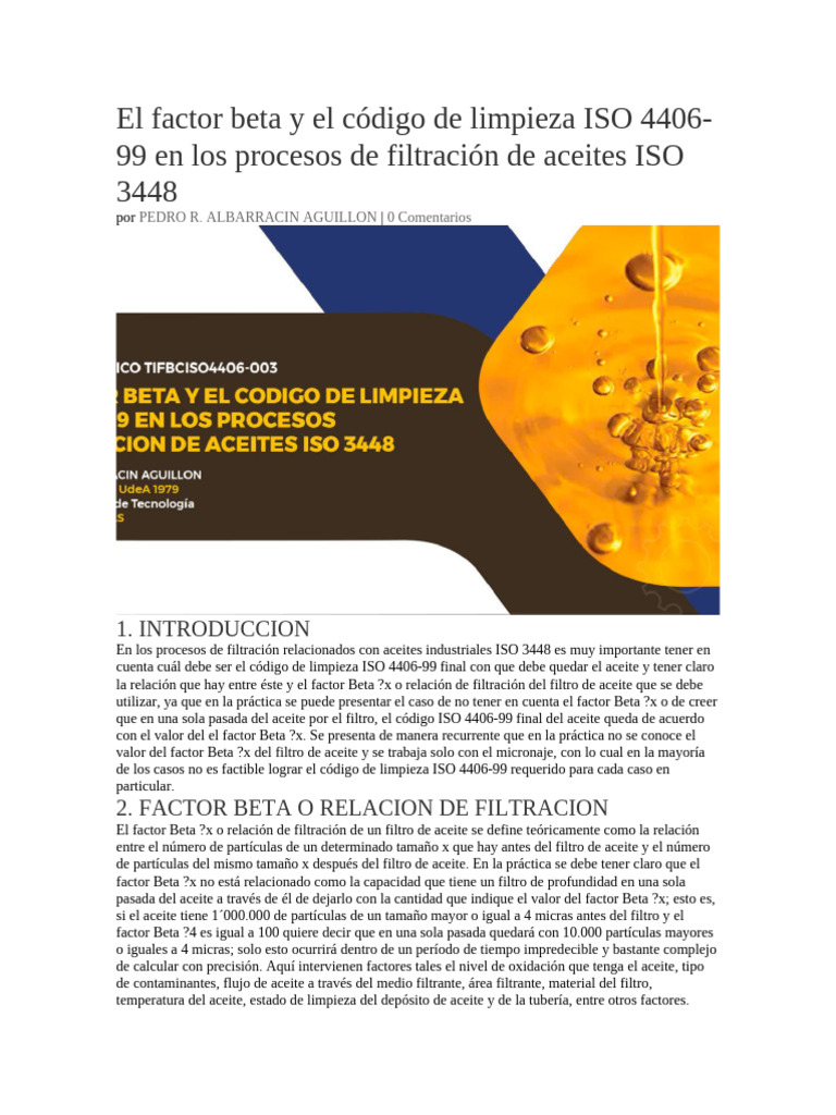 El Factor Beta y El Código de Limpieza ISO 4406 | PDF | Filtración