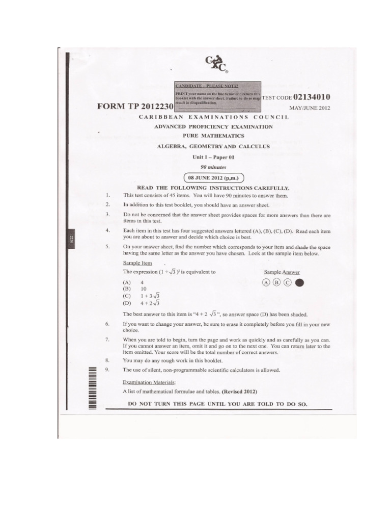 2012 Pure Math Unit 1 Paper 1-1 | PDF
