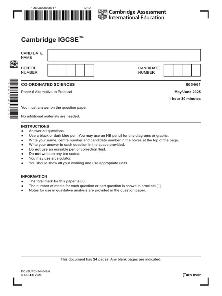Cambridge IGCSE: Co-Ordinated Sciences 0654/61 | PDF | Catalase | Acid