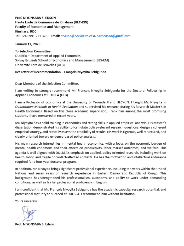 Ma Lettre de Recommandation - Prof Edson | PDF