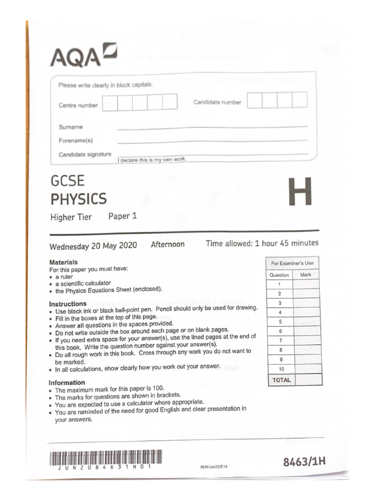 AQA GCSE Physics 2020 Higher Paper 1 Model Solutions | PDF