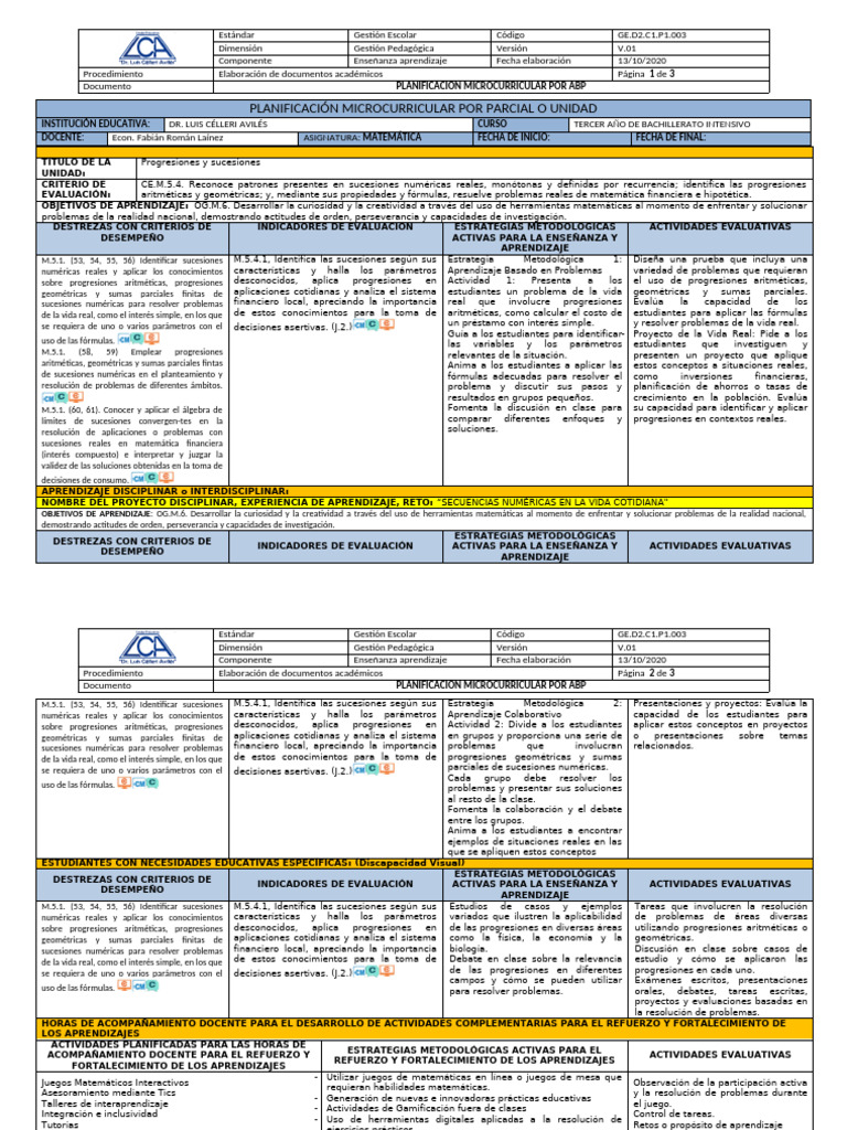 Plan de Unidad o Parcial 1 - Matemática 3 | PDF | Aprendizaje | Secuencia