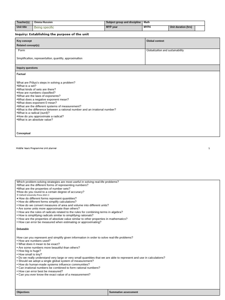 4-MYP4 Unit Planner (Being Specfic) | PDF | Educational Assessment ...