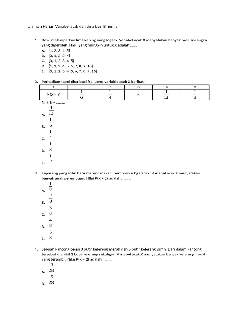 UH Variabel Acak Dan Distribusi Binomial 2021 | PDF