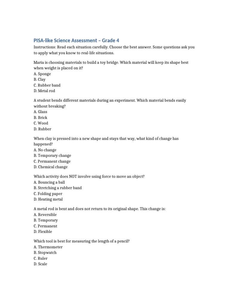 PISA Like Science Grade4 Full | PDF | Magnet | Force