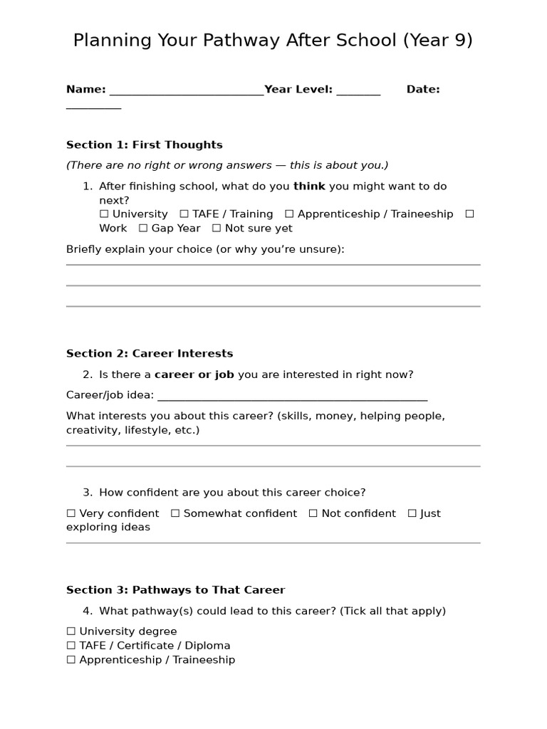 Planning Your Pathway After School (Worksheet) | PDF | Creativity