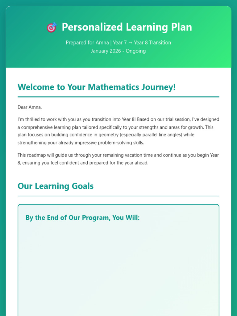 Amna - Personalized Learning Plan For Year 8 Transition | PDF | Algebra ...