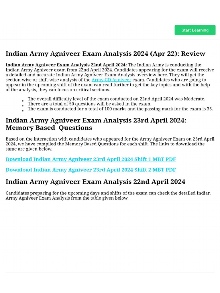 Indian Army Agniveer Exam Analysis 2024 (Apr 22) - Review | PDF
