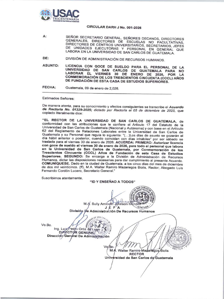 CIRCULAR DARH J No. 001-2026, Licencia Con Goce de Sueldo Por La ...