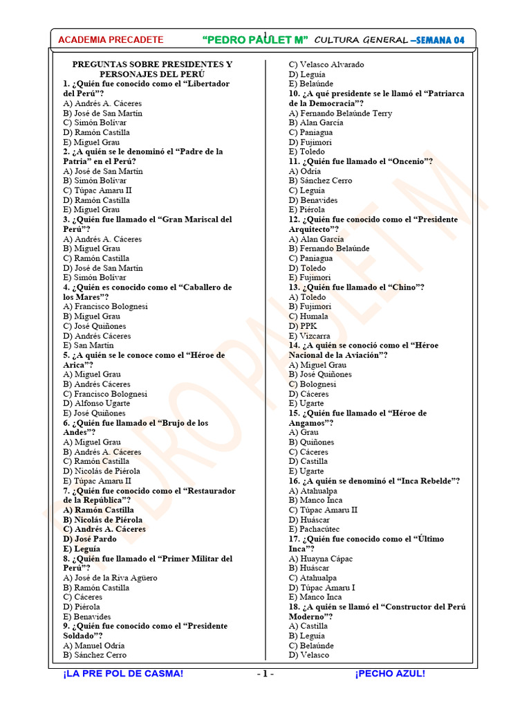 Pre Pool 1 - Cultura General | PDF | Perú | Comunidad andina