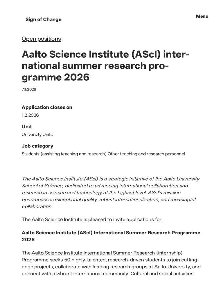 Aalto Science Institute (AScI) International Summer Research ... | PDF
