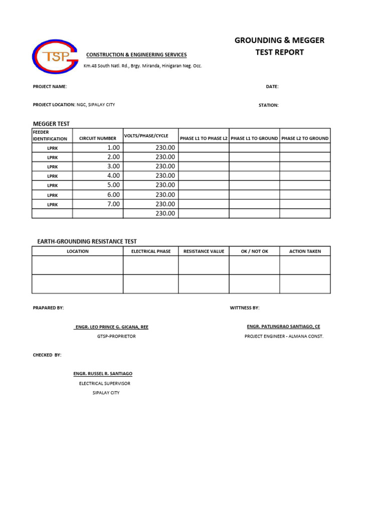 Earth & Megger Testing Form | PDF