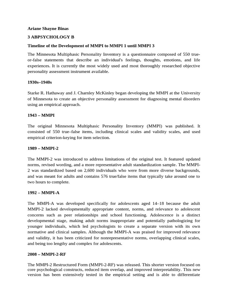 Mmpi Timeline Assignment | PDF | Psychology | Behavioural Sciences