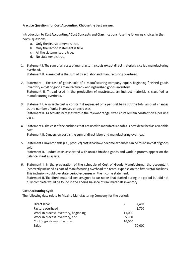 Practice Questions For Cost Accounting | PDF | Cost Of Goods Sold ...