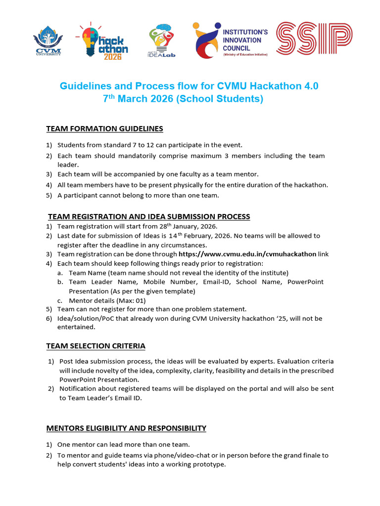 Guidelines For CVMU Hackathon 4.0 School Students | PDF