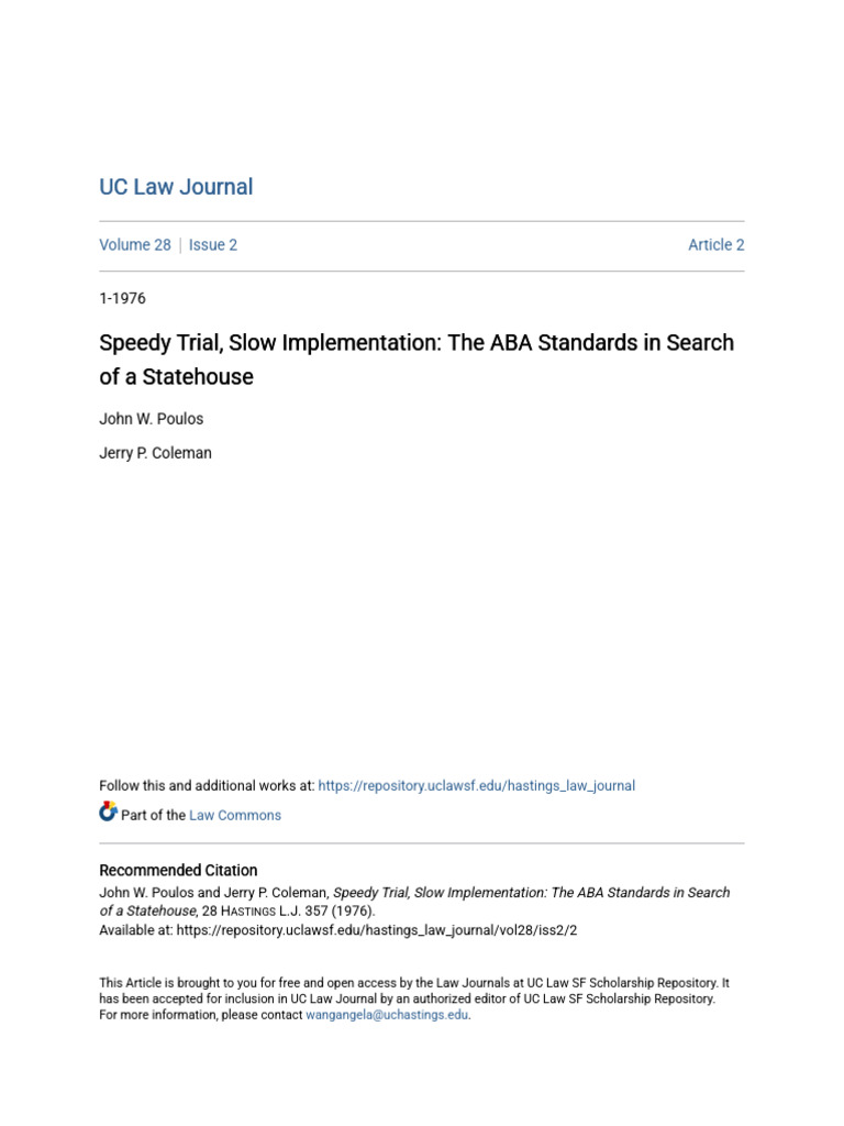 Speedy Trial Slow Implementation - The ABA Standards in Search of | PDF ...