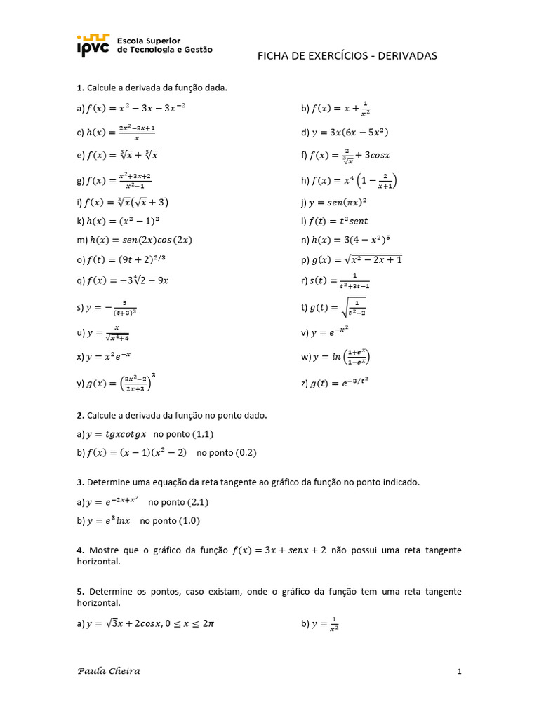 Ficha de Exercícios - Derivadas | PDF | Tangente | Geometria Analítica