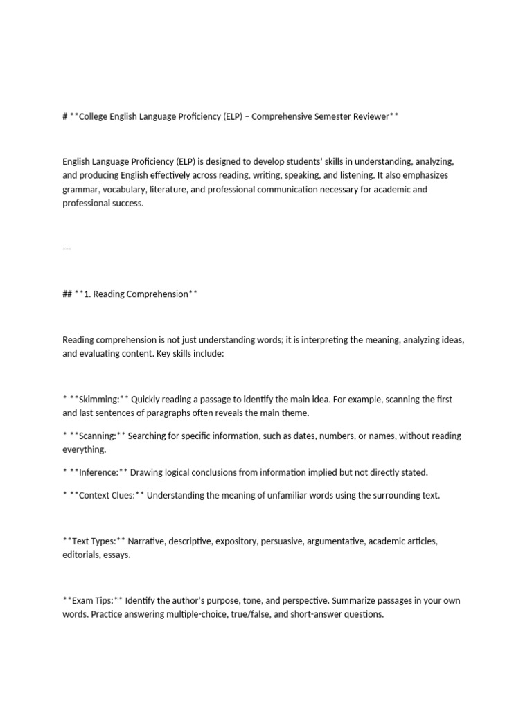 College Nglish Language Proficiency Reviewer | PDF | Reading ...