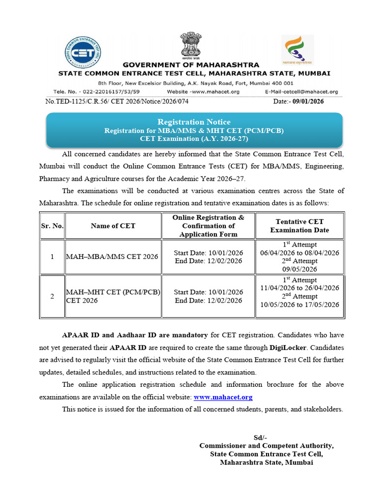 Cet Registration Notice Mba MHT Cet Cet 2026 | PDF | Higher Education ...