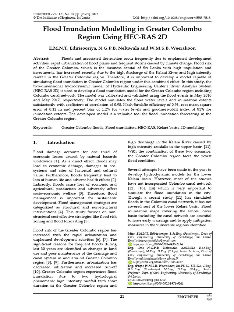 Flood Inundation Modelling in Greater Colombo Region Using HEC RAS 2D ...