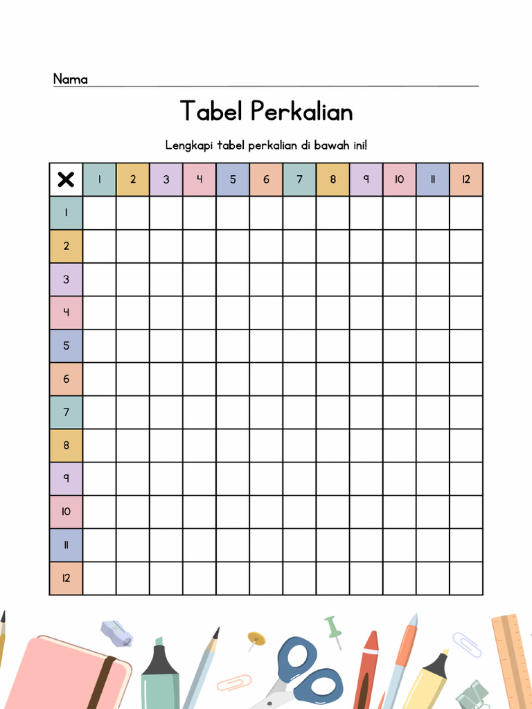 Multiplication Grid Worksheet in Pastel Colors Lined Style | PDF