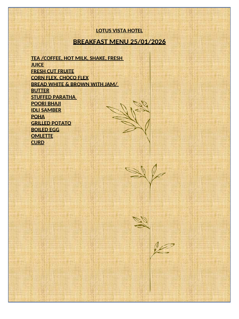 Lotus Vista Hotel Break Fast | PDF