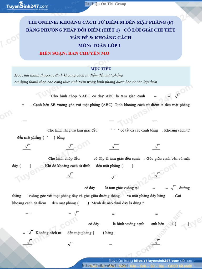 TS247 DT Btvn Khoang Cach Tu Diem m Den Mat Phang p Bang Phuong Phap ...