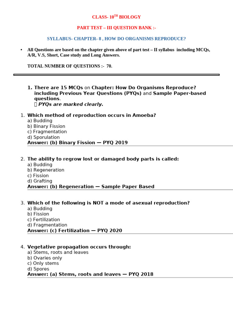Part Test - III Question Bank, Class - 10th BIO | PDF | Reproduction ...