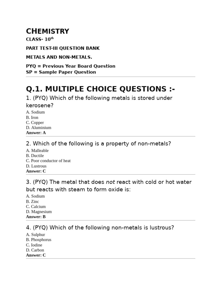 Chemistry Part Test - 3 Question Bank | PDF | Magnesium | Metals