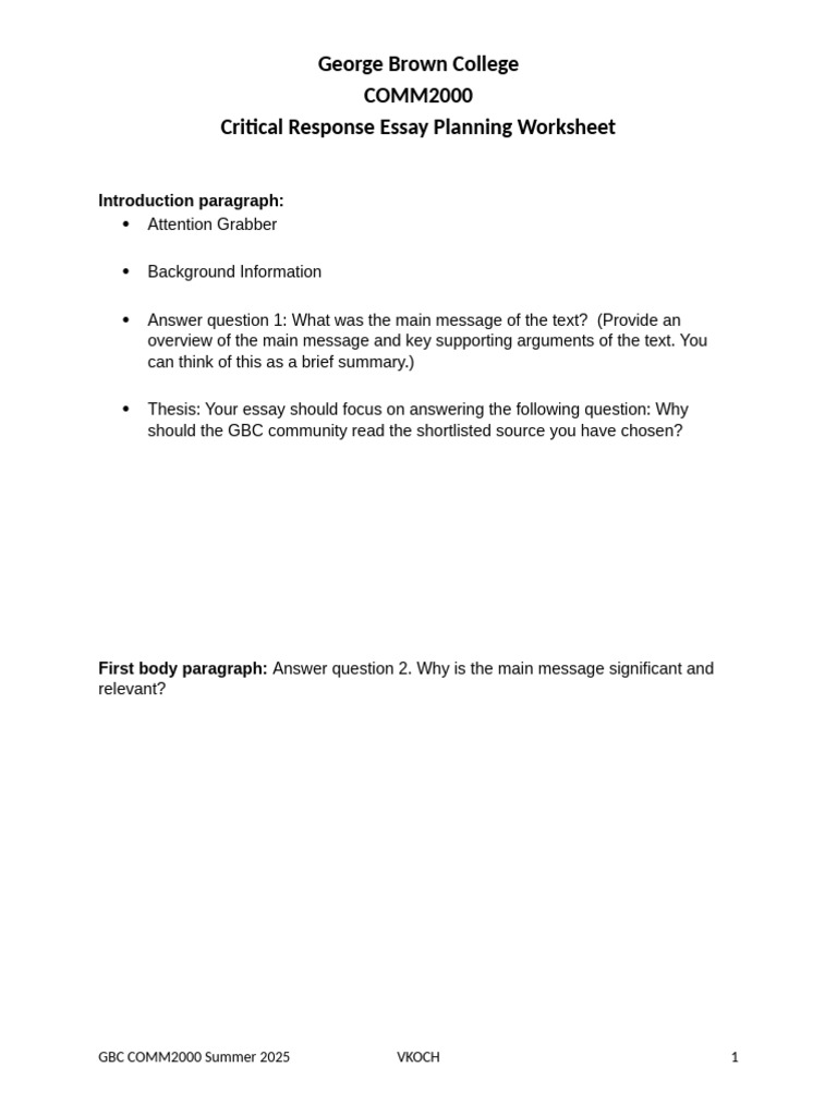 Critical Response Essay Planning Worksheet | PDF