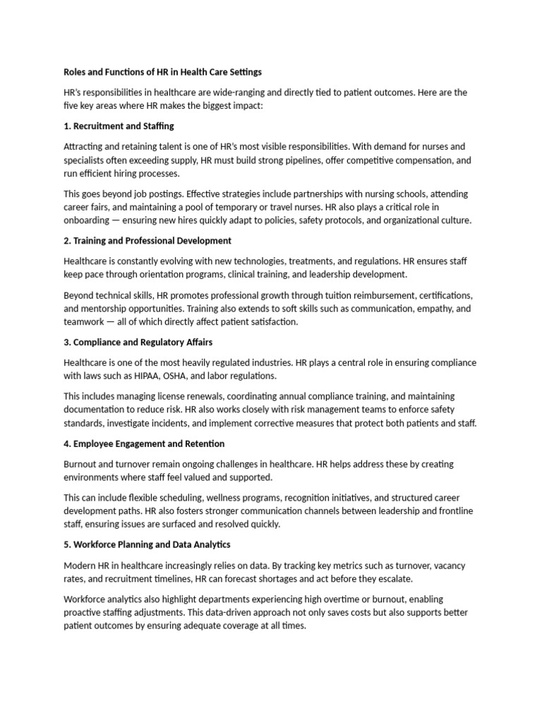 Roles and Functions of HR in Health Care Settings Research | PDF ...