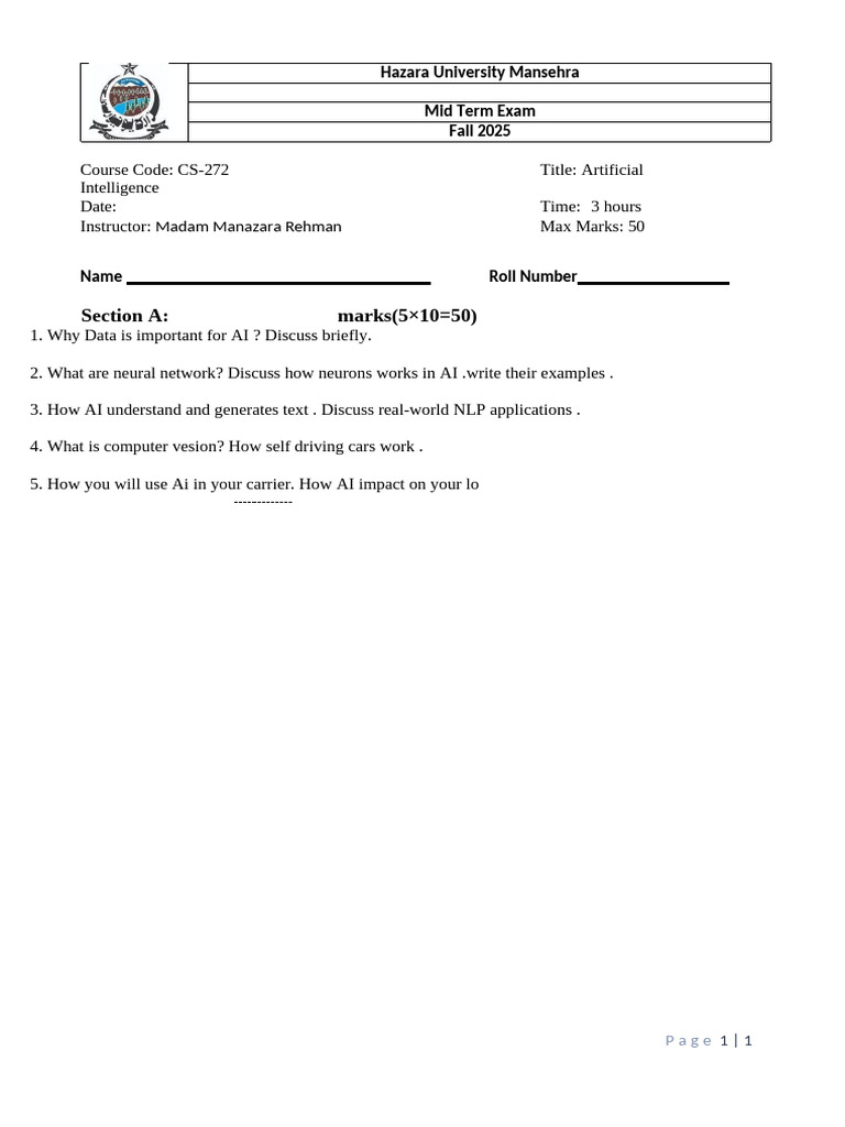 Artificial Intelligence Mid Paper Fall 2025 | PDF