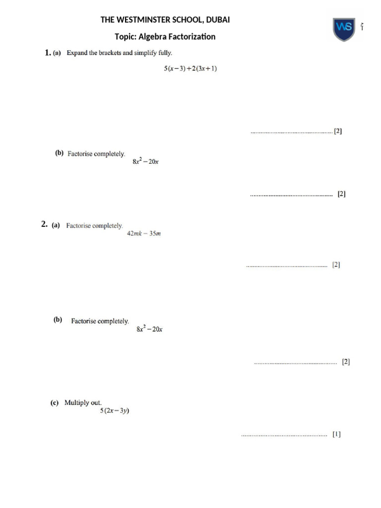 Quadratic Expression Factorization Worksheet | PDF
