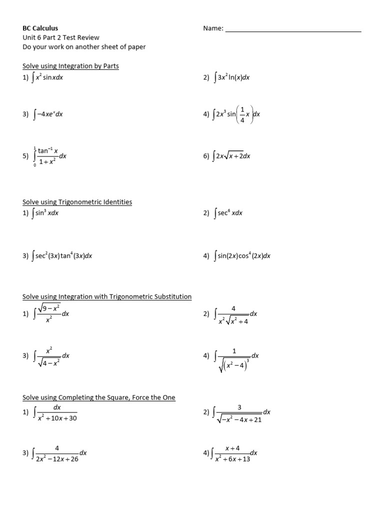 Unit 6 Part 2 Review Worksheet | PDF | Integral | Mathematics