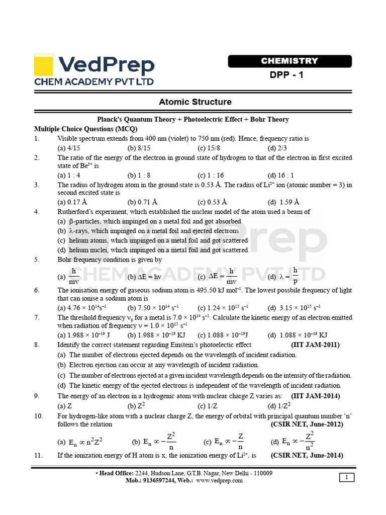 DPP - 1 Atomic Structure | PDF | Atoms | Electron