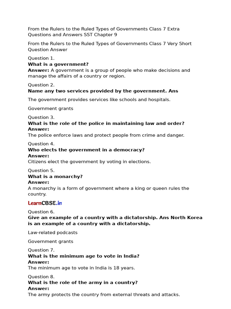 From The Rulers To The Ruled Types of Governments Class 7 Extra ...
