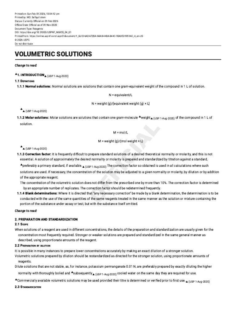 USP-NF Volumetric Solutions | PDF | Titration | Chemistry