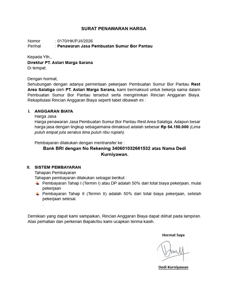 Surat Penawaran Harga Pekerjaan Sumur Bor Pantau | PDF