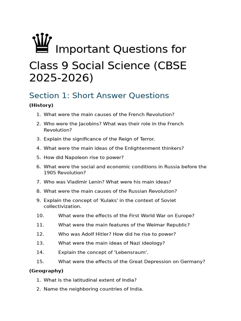 Important Questions for Class 9 Social Science | PDF | Democracy ...