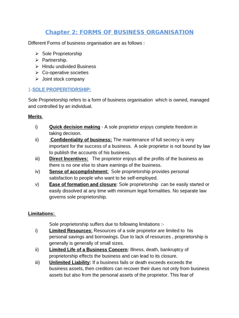 Chapter 2 - Forms of Business Organisation | PDF | Partnership | Sole ...