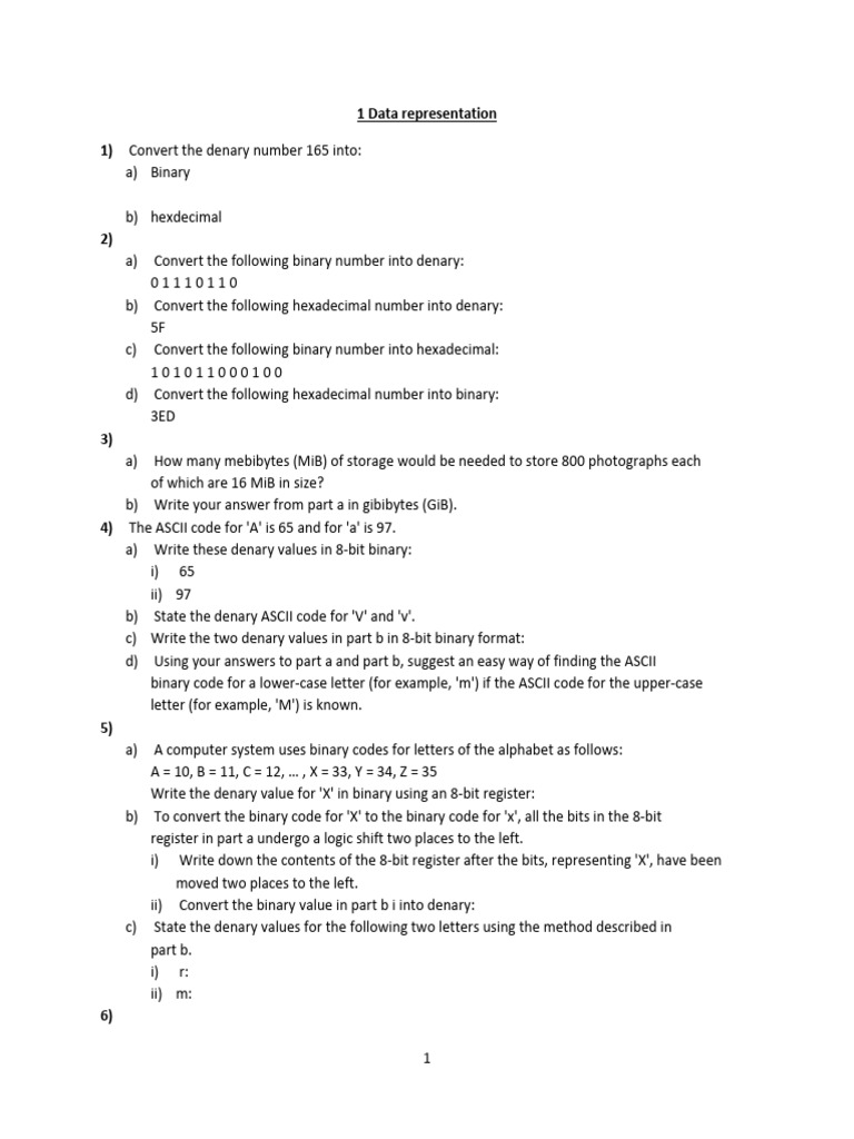 Unit 1 Workbook (Data Representation) | PDF | Data Compression ...