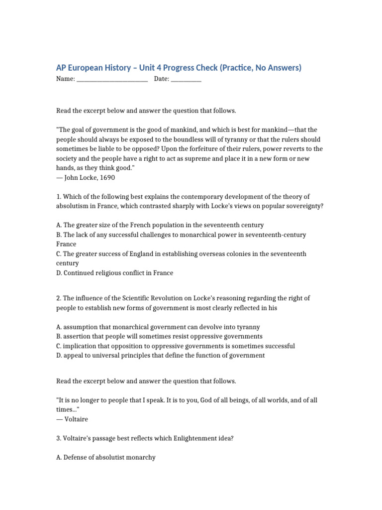 AP Euro Unit 4 Full Practice No Answers | PDF | Age Of Enlightenment ...