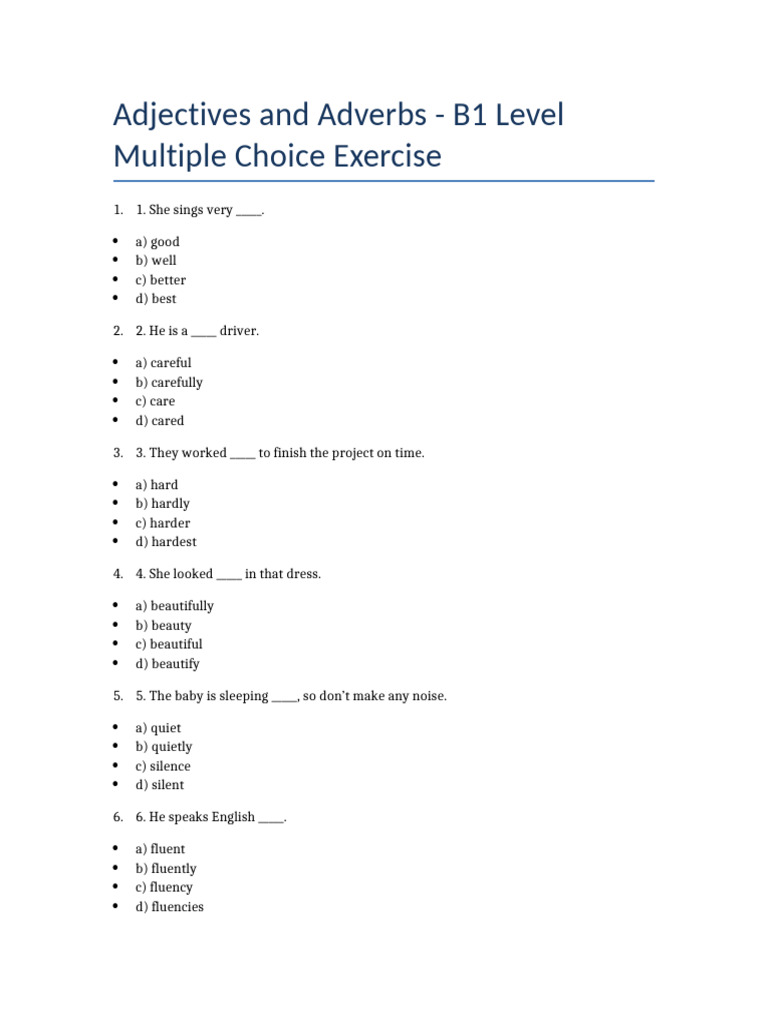 Adjectives Adverbs B1 Multiple Choice Exercise | PDF
