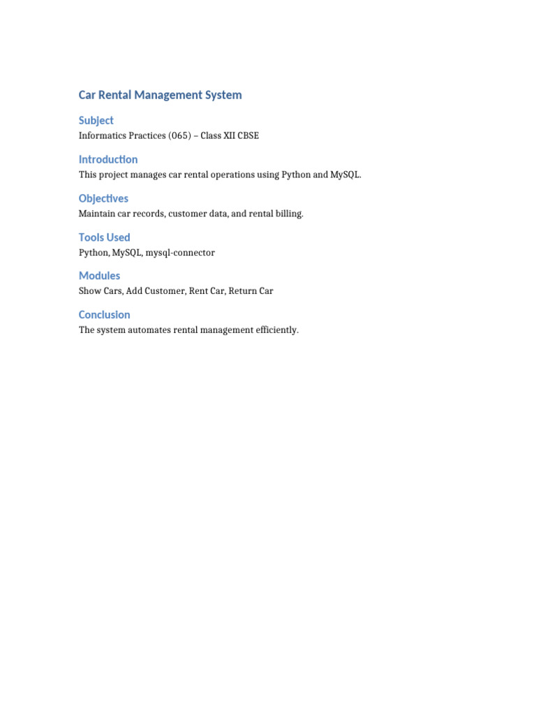 Car Rental Management System Class 12 IP | PDF
