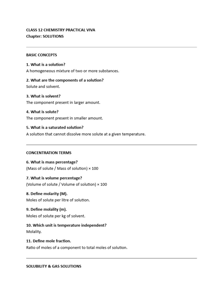 Class 12 Chemistry Practical Viva | PDF | Solubility | Applied And ...