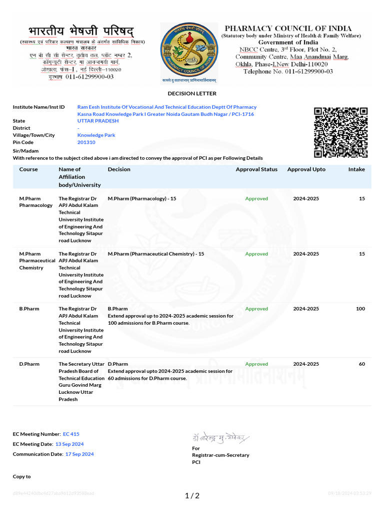College Approval Letter 2024338334 | PDF | Pharmaceutical Sciences ...