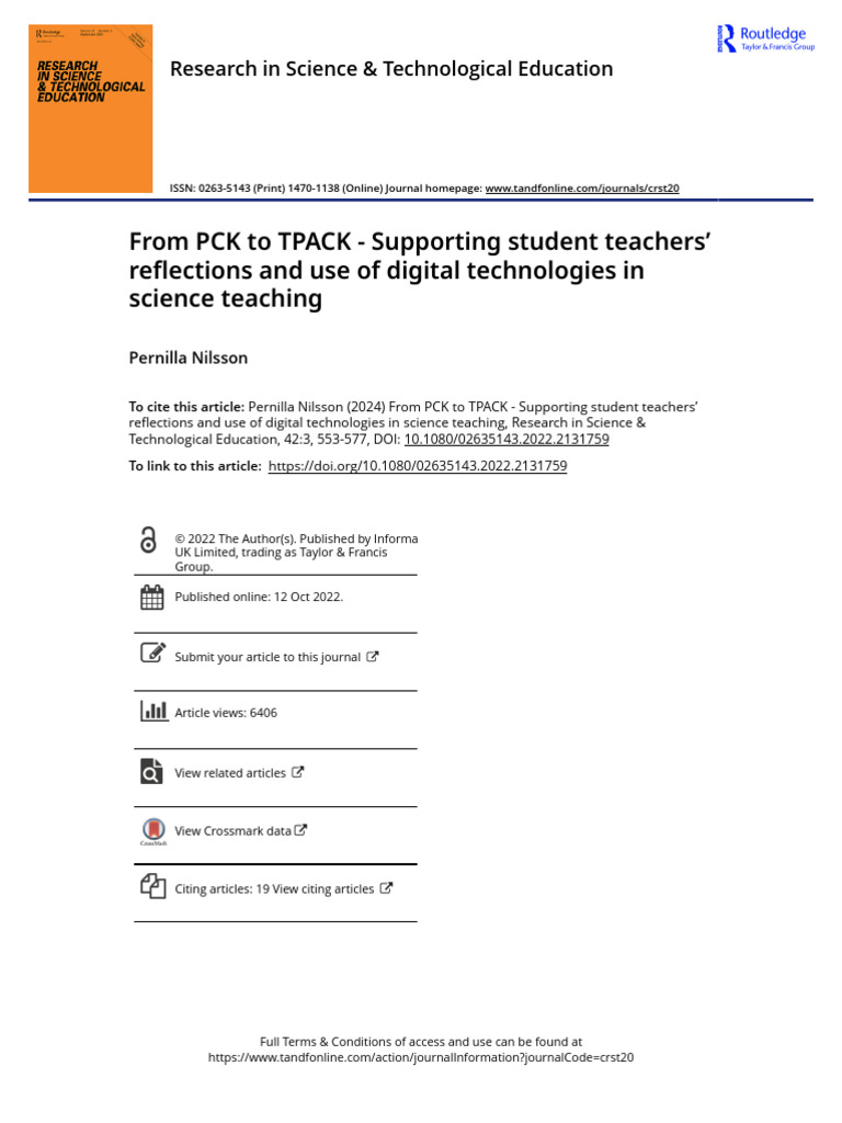 Nilsson - From PCK To TPACK - Supporting Student Teachers Reflections ...