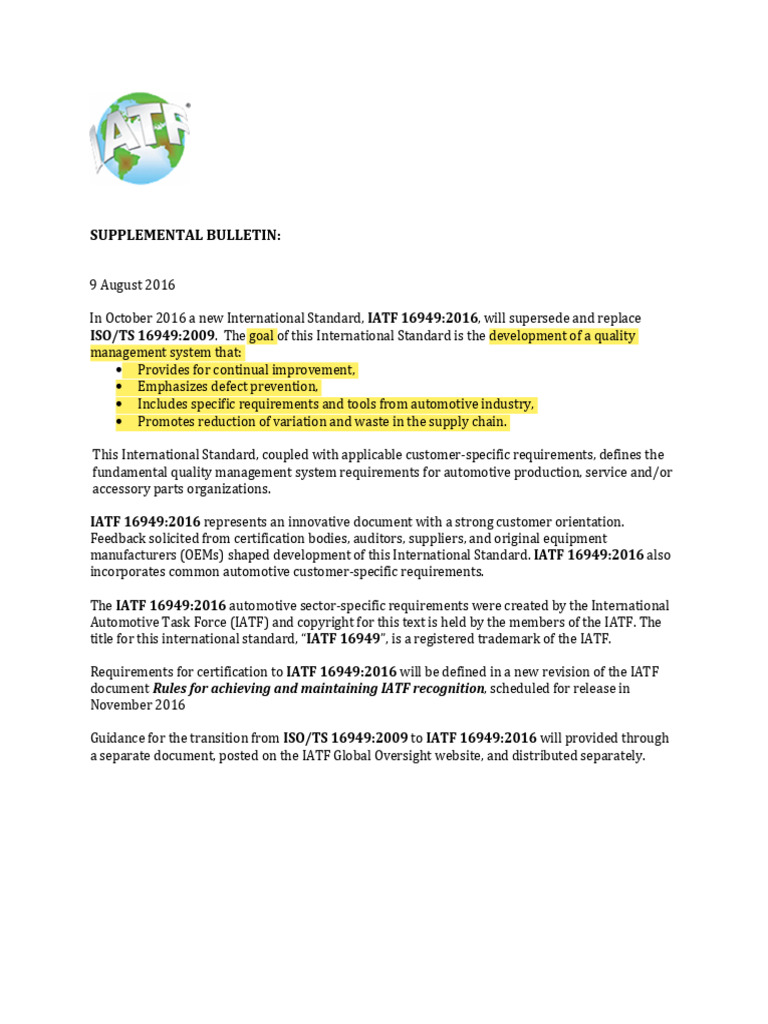 IATF Supplemental Bulletin 8Aug2016 CLEAN | PDF