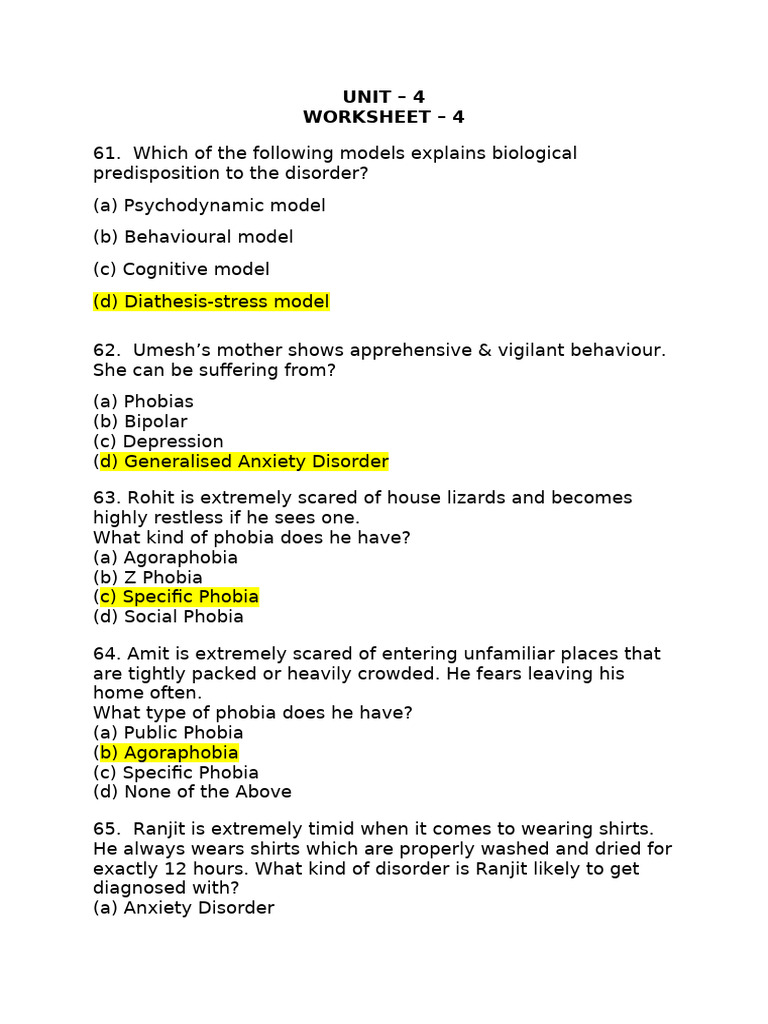 Unit 4 - Psychological Disorders Worksheet 4 | PDF | Mental Disorder ...