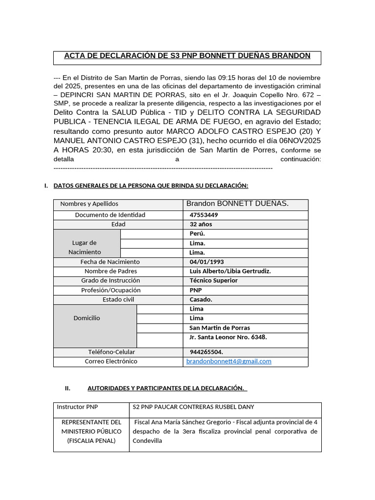 Acta de Declaración de s3 PNP Bonnett Dueñas Brandon Tiaf | PDF ...